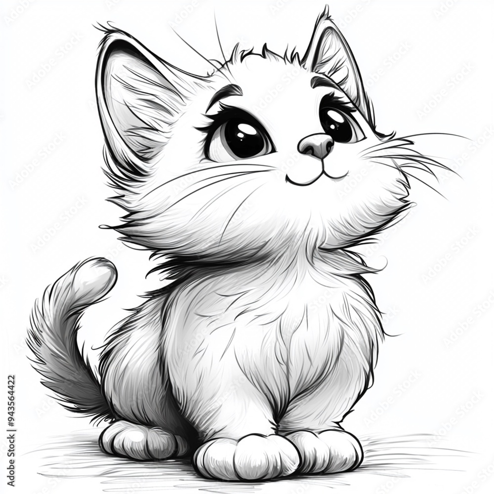 A cute cartoon cat a simple line art coloring page for kids with a ...