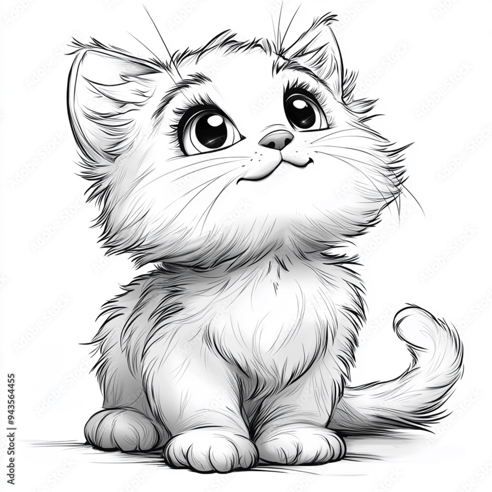 A cute cartoon cat a simple line art coloring page for kids with a ...