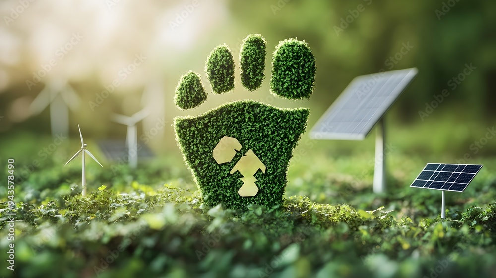 Photographic image depicting a carbon footprint icon being reduced or ...