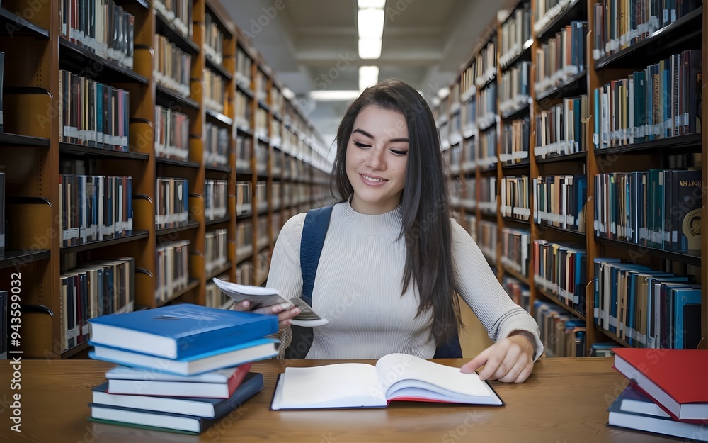 University Student Portrait in a Library, Focused on Studying and ...
