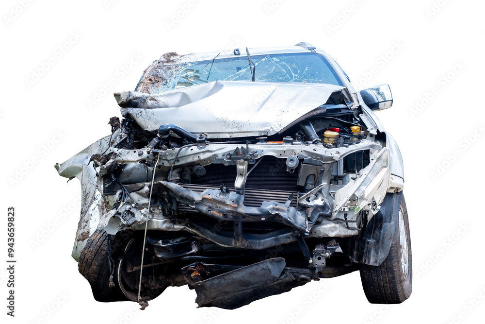 Front view of white car get hard damaged by accident on the road ...