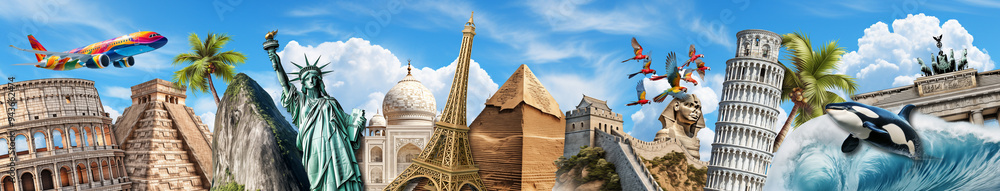 super wide panorama world travel attractions banner with most famous ...