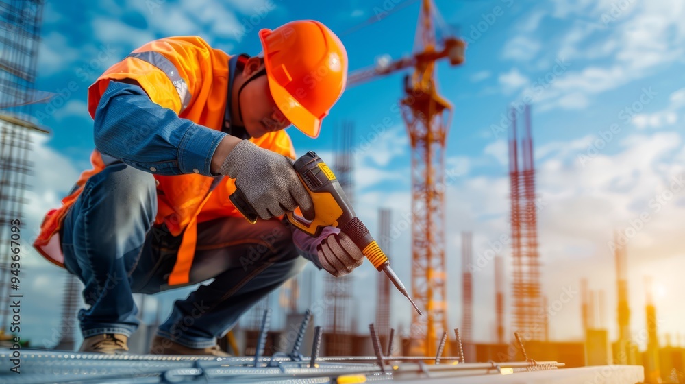 Construction worker using a drill and power tools to secure materials ...