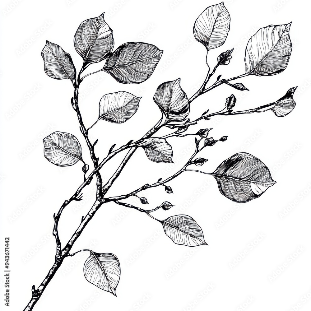 Black and white Vintage engraved art of an aspen tree branch, isolated ...