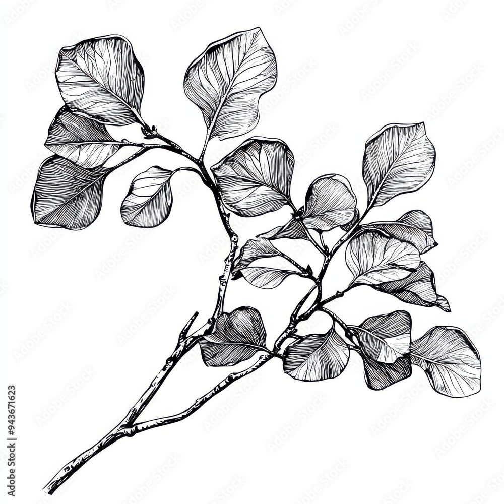 Black and white Vintage engraved art of an aspen tree branch, isolated ...