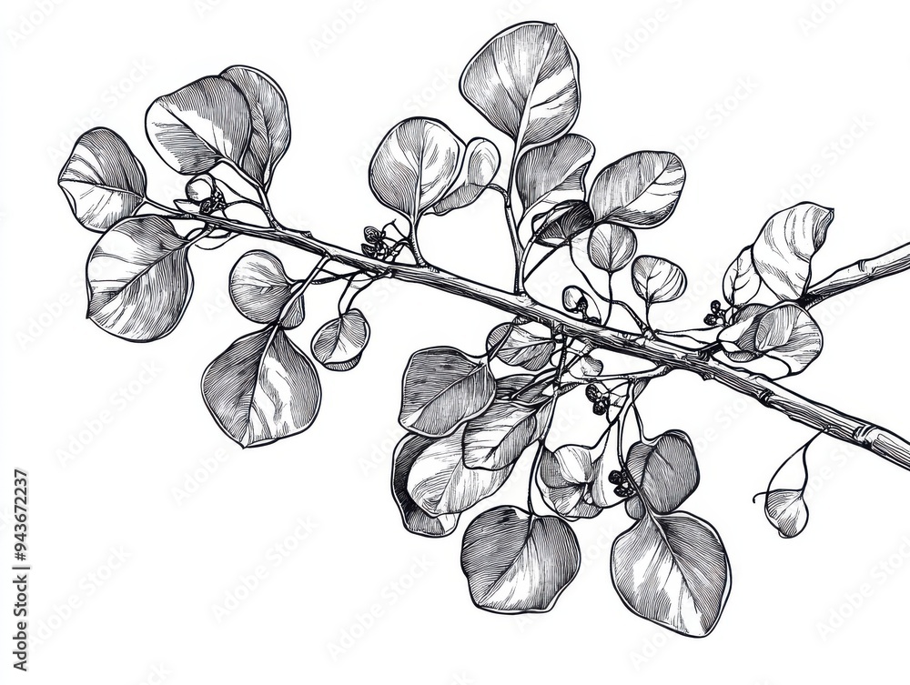 Black and white Vintage engraved art of an aspen tree branch, isolated ...