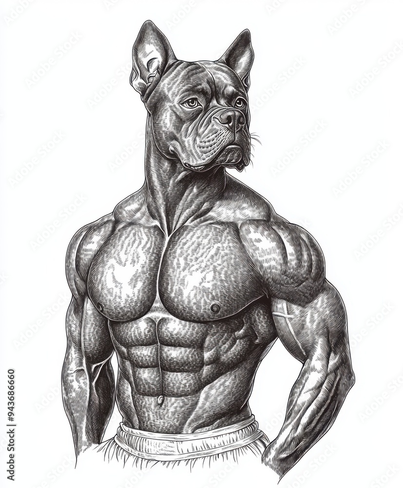 Black and white Vintage engraved art of a humanoid dog with bodybuilder ...