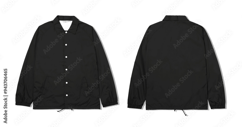 Coach jacket Black long sleeved, front and back view, isolated white ...