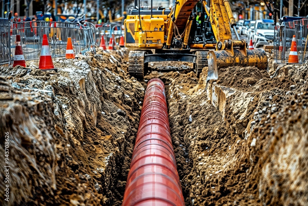 Urban Pipeline Construction. A red pipeline is being installed in a ...