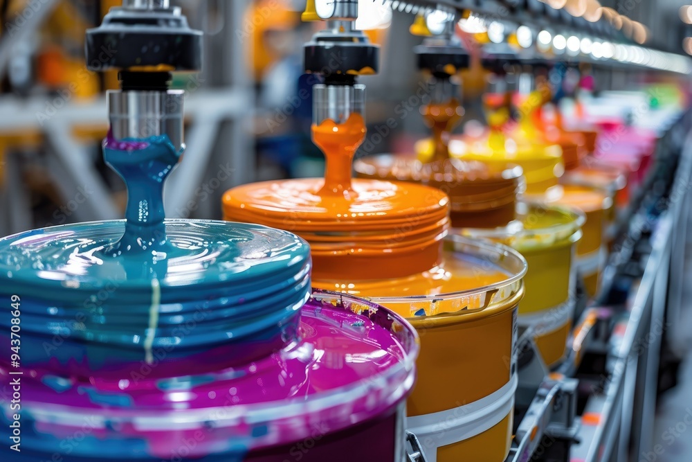 Foto de Stock Automated paint mixers spinning vibrant colors in a ...