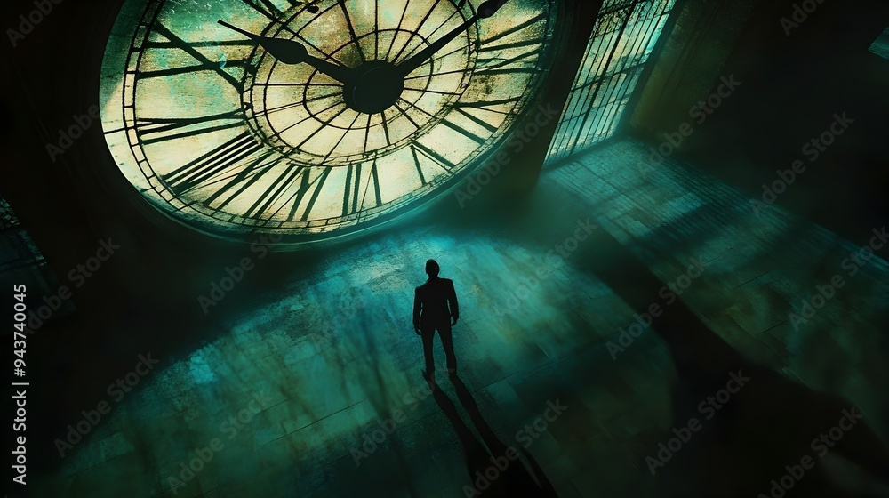 Dramatic silhouette of a solitary figure standing in front of a massive ...