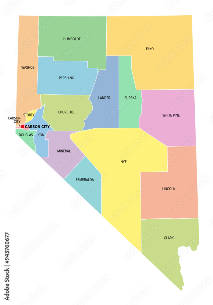 Nevada, U.S. state, multi colored political map with borders and county ...