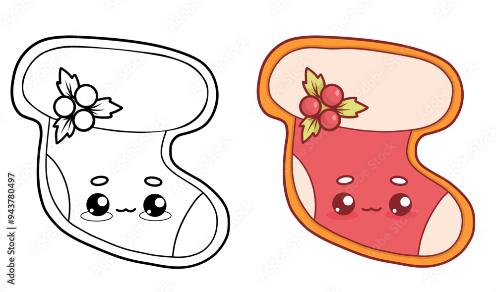 Christmas gingerbread stocking with holly. Isolated outline and color ...