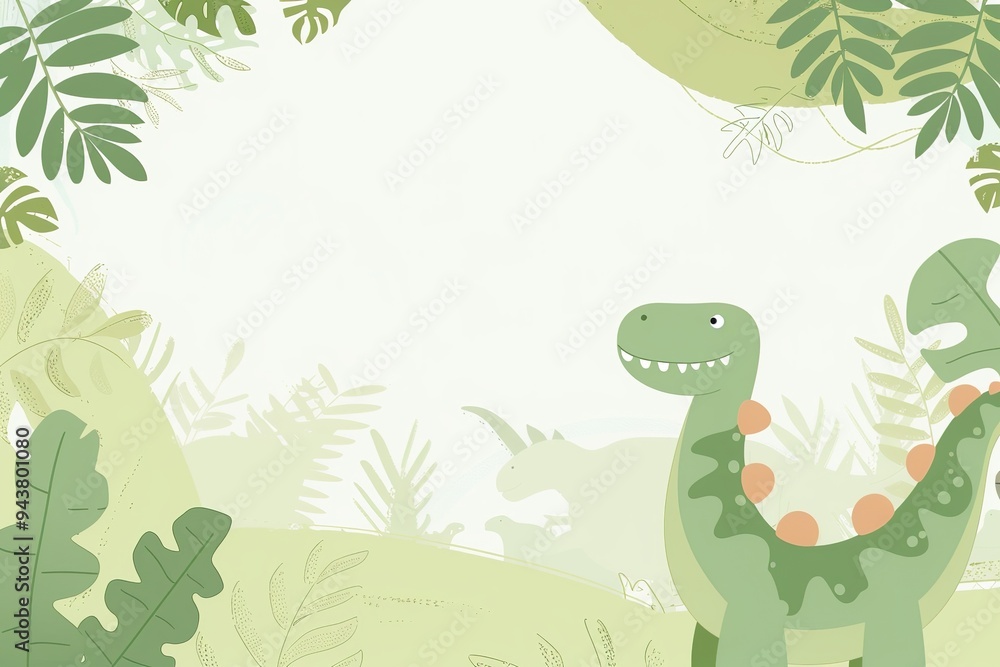 Cute dinosaur illustration with leafy green jungle background in a ...