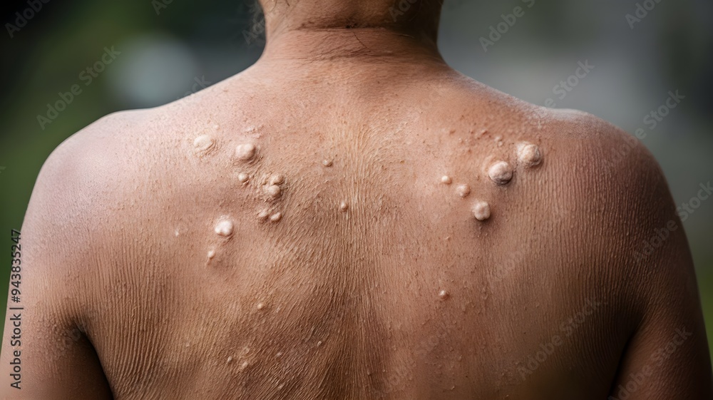 Symptoms of monkeypox virus infection. Back view of an African of a ...