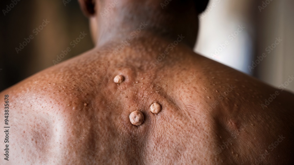 Symptoms of monkeypox virus infection. Back view of an African of a ...