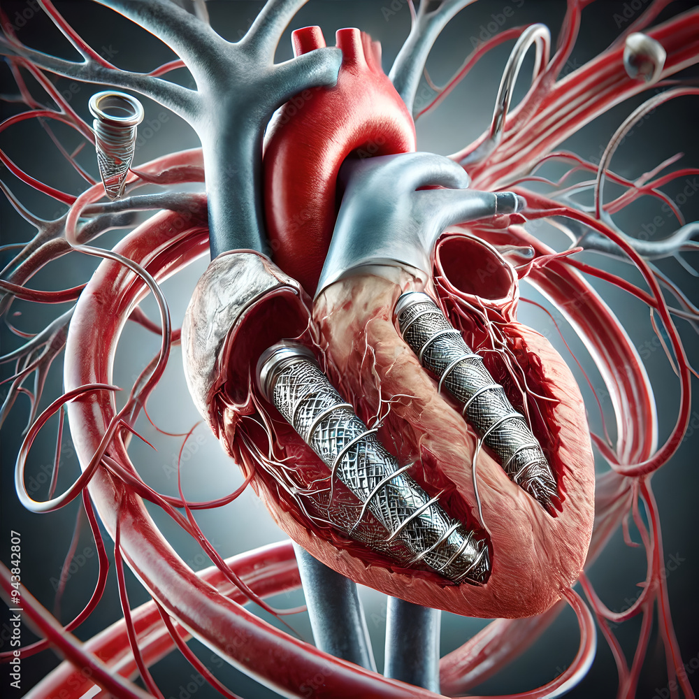 Heart post-angioplasty, showcasing placement stents within coronary ...