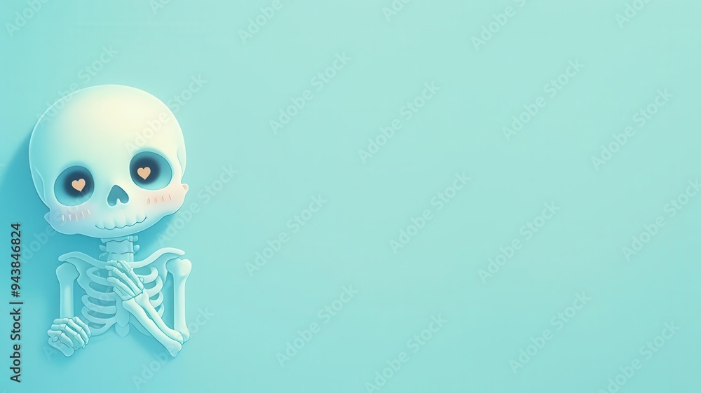 Pastel blue background with a tiny kawaii skeleton with heart eyes in ...