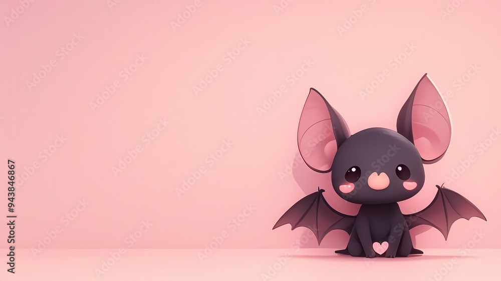Light pink background with a tiny kawaii bat with heart-shaped wings in ...