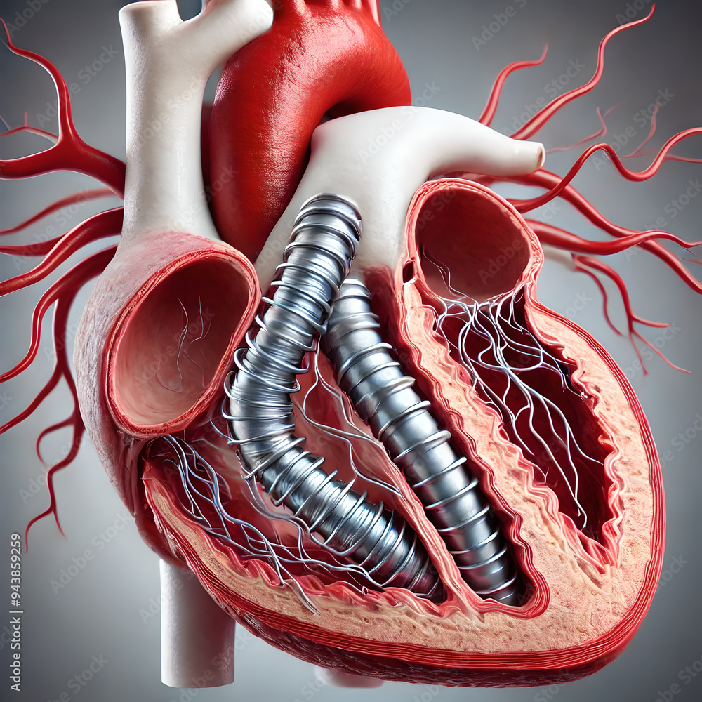 Heart post-angioplasty, showcasing placement stents within coronary ...