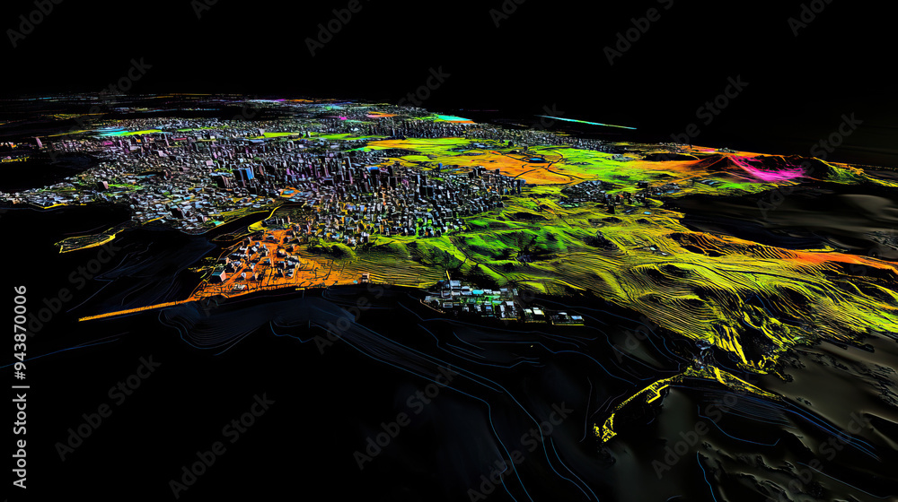 Technical aerial visual, 3D LiDAR GIS aerial map satellite scan model ...