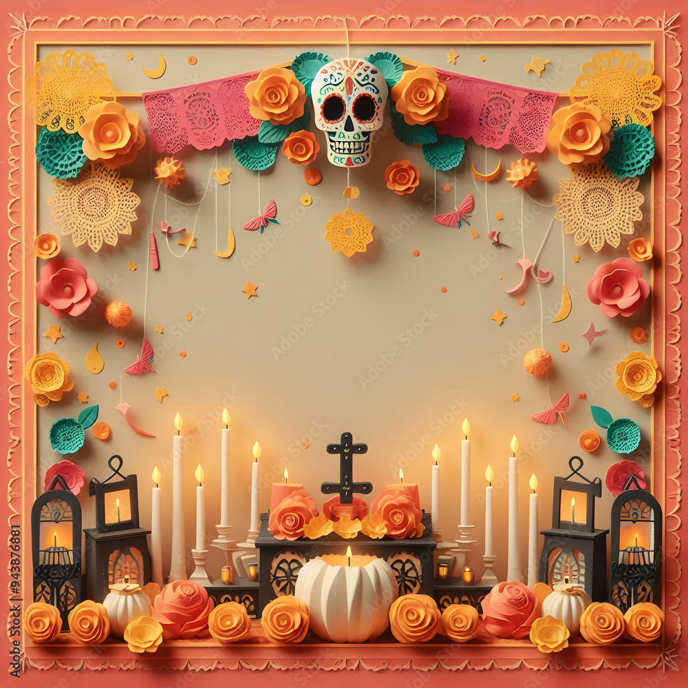 Ilustrace Ofrenda and Papel Picado Border with Copy Space concept as A ...