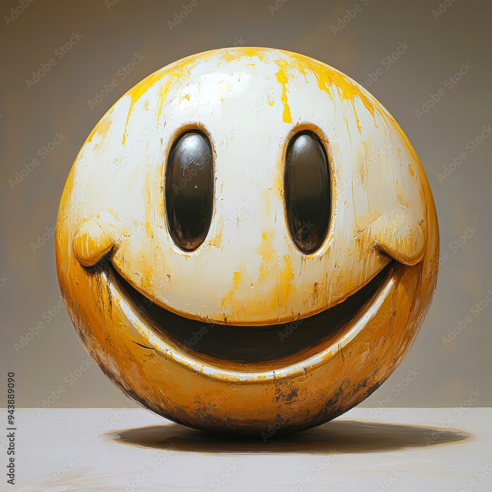 Round, aged smiley face with a distressed texture backdrop, evoking ...