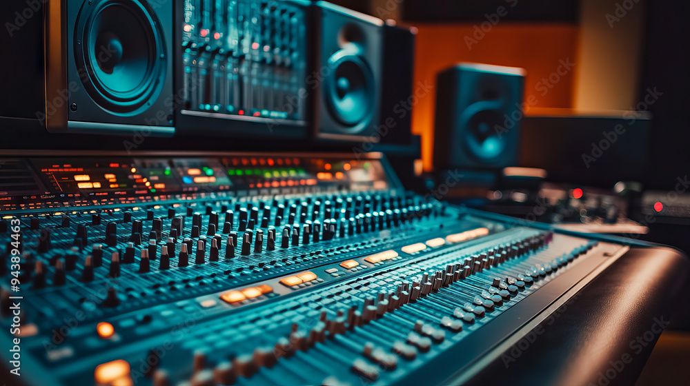 An empty home studio equipped with a mixing soundboard panel and ...