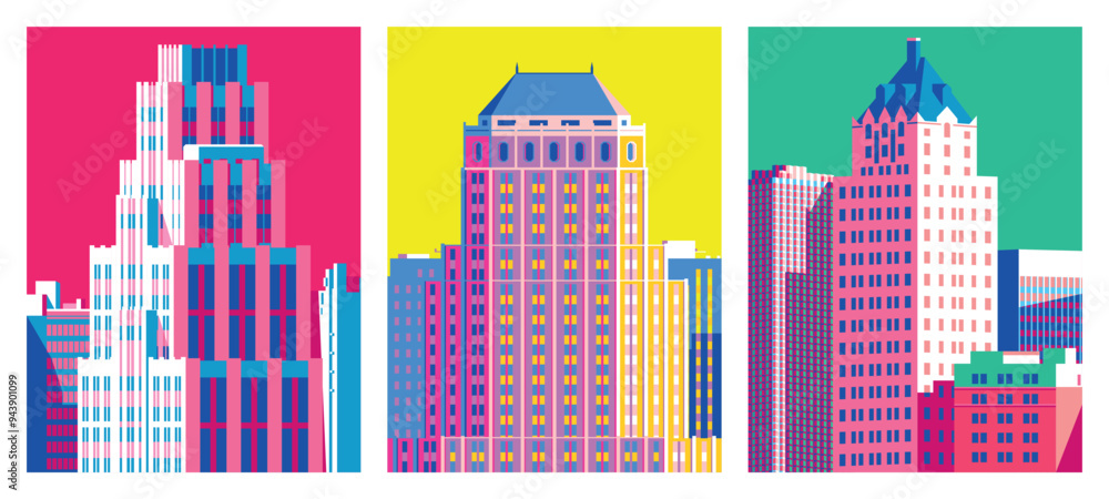 Set of 3 cityscape overlooking famous high-rise corporate buildings in ...