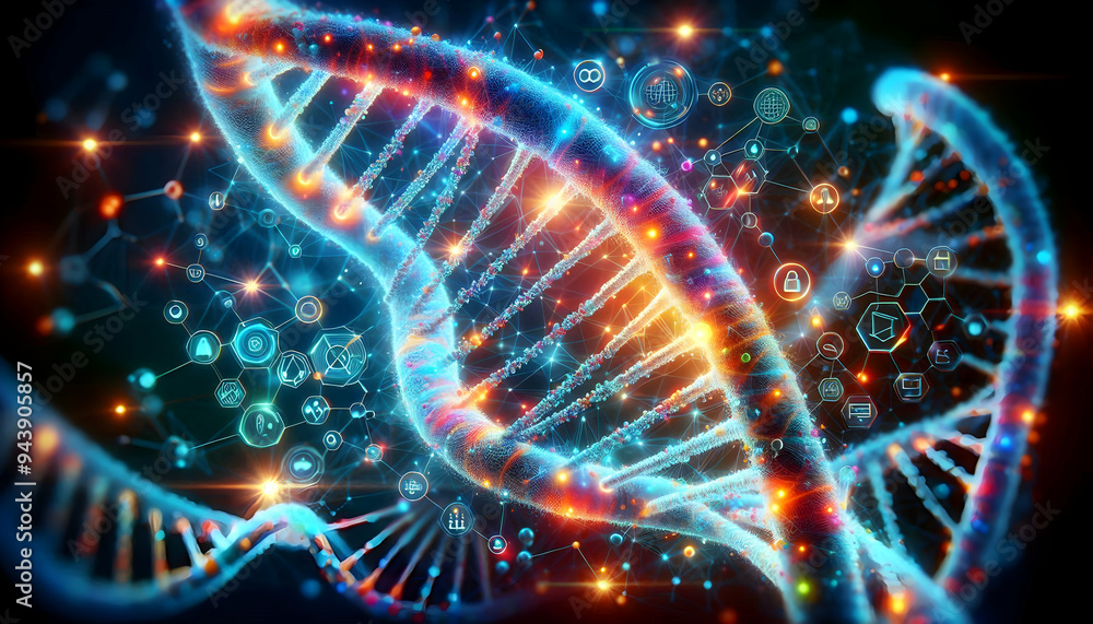 3D Glowing abstract DNA helix representing organizational structure ...