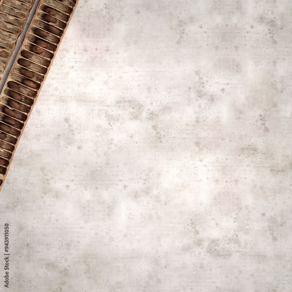 textured stylish old paper background, square, with long dark seedpods ...