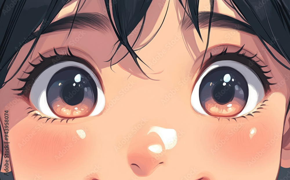 The face of an anime girl with big eyes and long eyelashes smiles, her ...