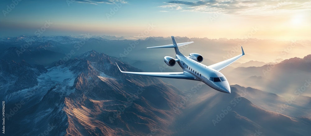 Realistic photo of white generic design private Jet flying over the ...