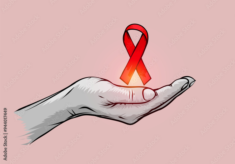 Line Drawing Vector Illustration of a Hand with red ribbon. Hand-Drawn ...