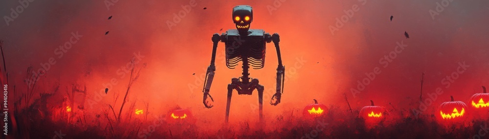 Skeleton robot rising from a dark, fog-filled scrapyard, glowing jack-o ...