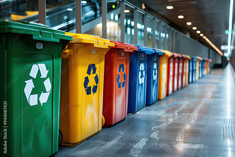 New clean colorful trash bins prepared for use, lined up in hallway of ...