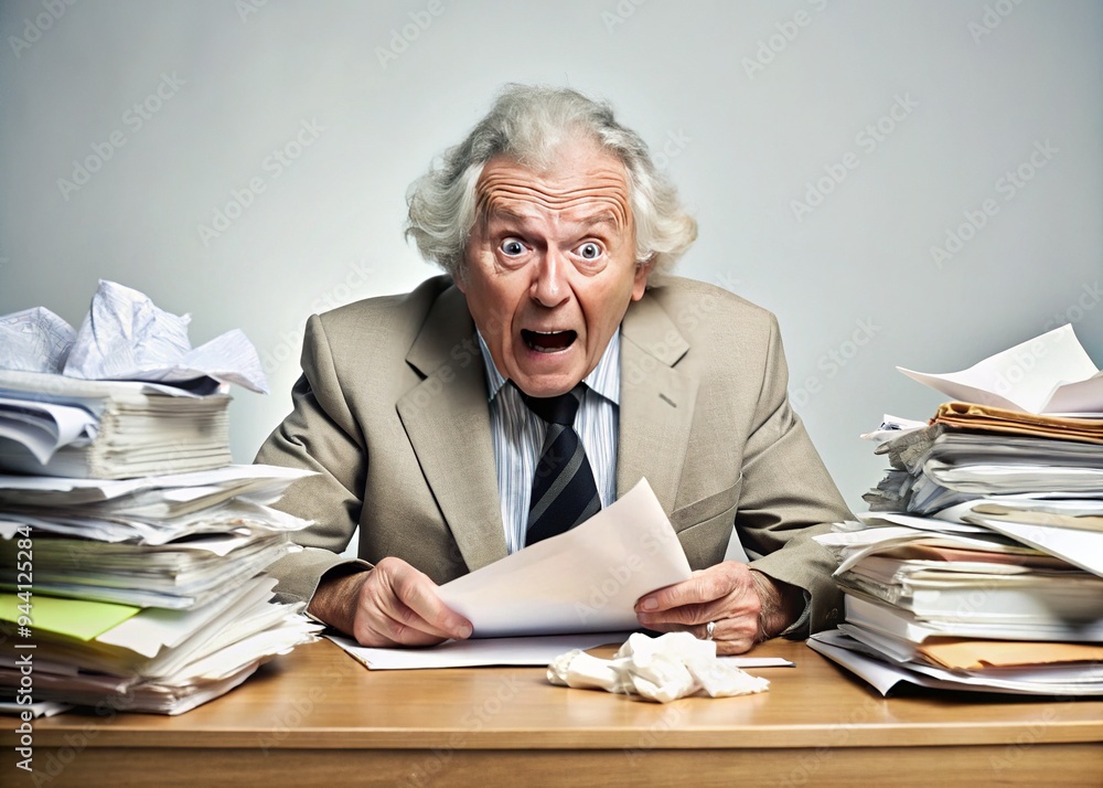 Flustered elderly adult overwhelmed by piles of bills and paperwork ...