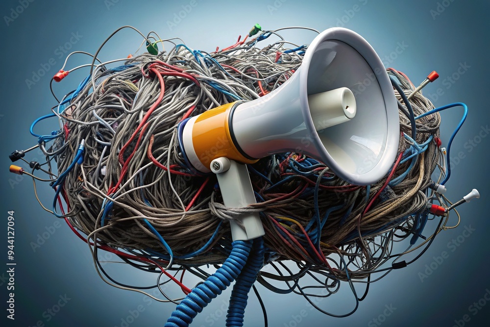 Frayed wires and tangled headphones surround a mangled megaphone ...