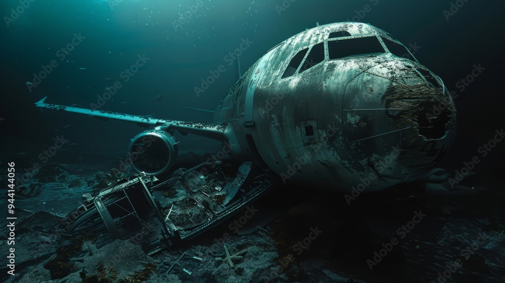 Wreckage of a contemporary passenger aircraft that is resting on the ...