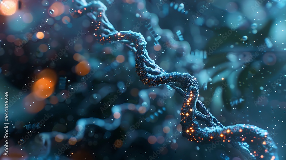 Artistic rendering of a DNA strand with visible nucleotides ...