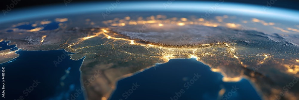 Night view of Earth from space showing illuminated cities and regions ...