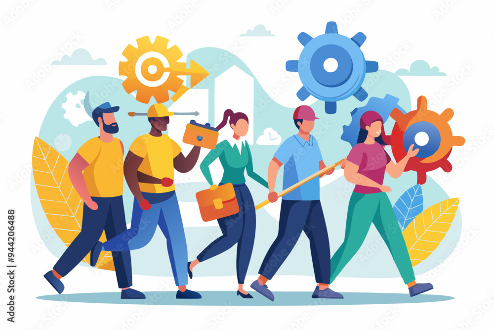 An illustration showing a team of workers walking with various tools ...