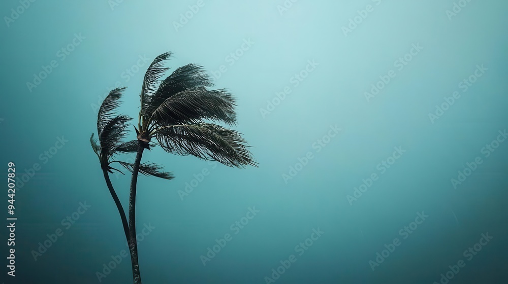 Gale-force winds bending palm trees during a tropical storm, extreme ...