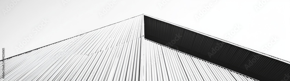 Corrugated metal walls of industrial building. Pitched roof. Abstract ...