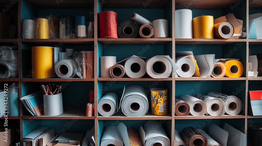 Stacked rolls of paper line the shelves, creating a tidy and organized ...