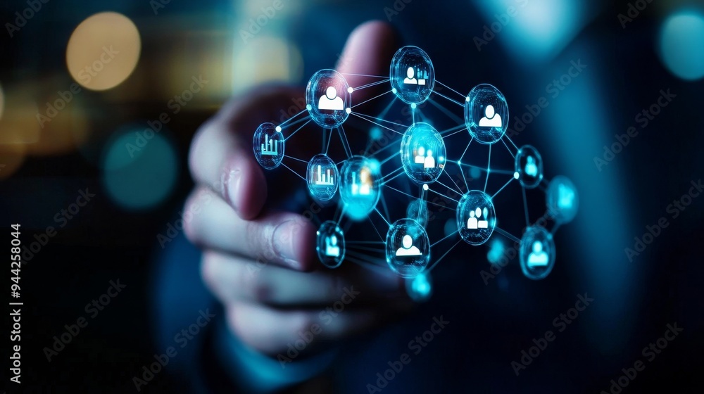 A businessman's hand interacts with a network of interconnected nodes ...