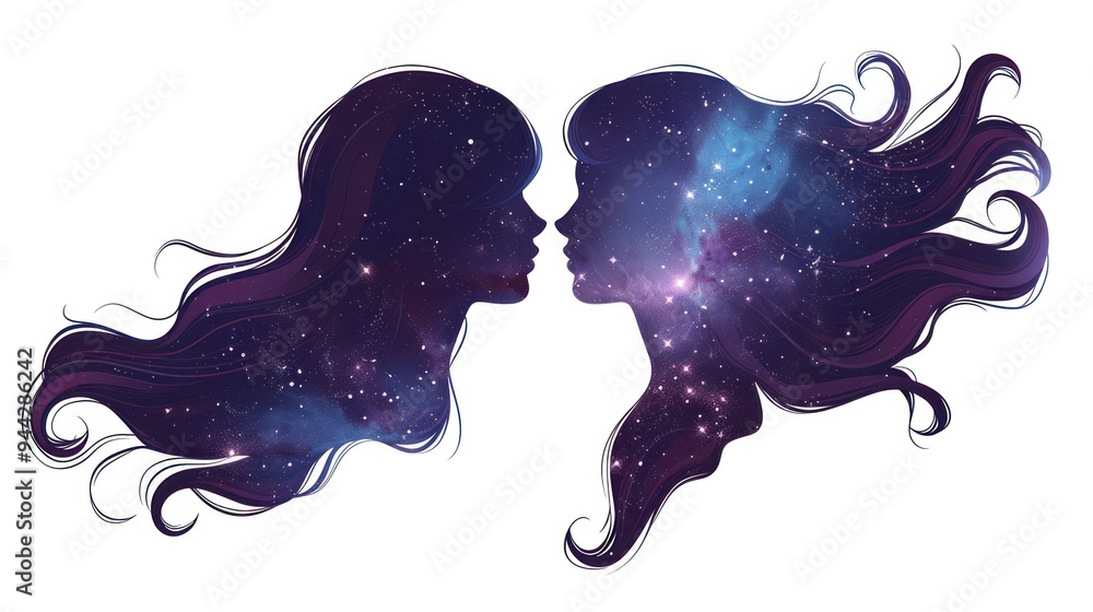 A vibrant abstract drawing of two silhouettes with flowing hair ...