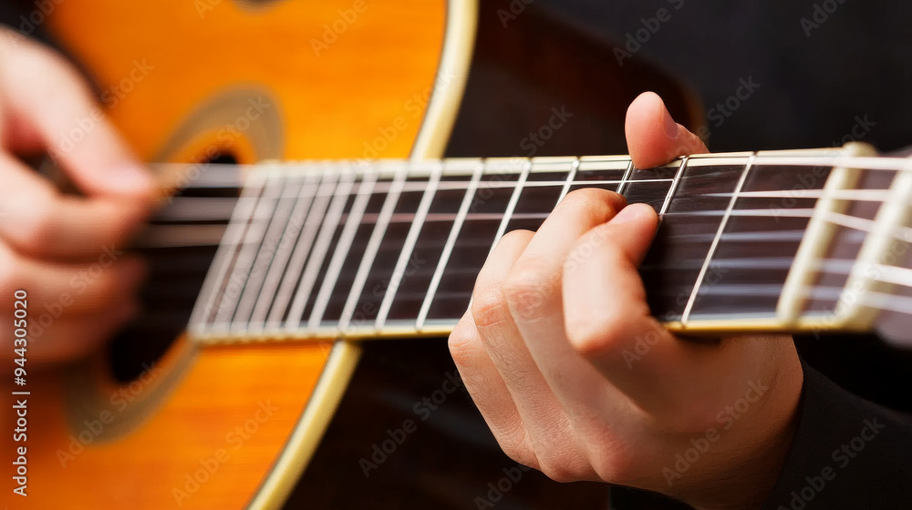 Detailed shot of hands playing an acoustic guitar, focusing on the ...