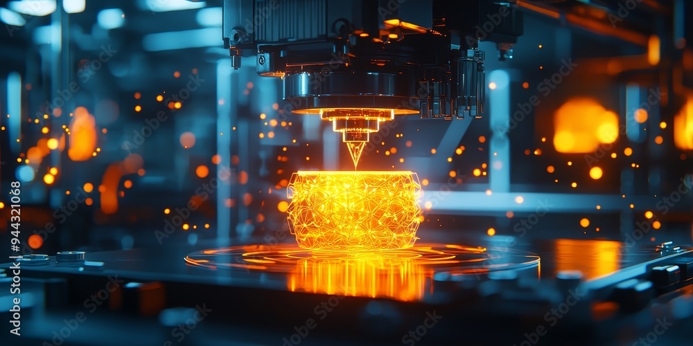 A futuristic 3D printer using lasers to create a complex object layer ...