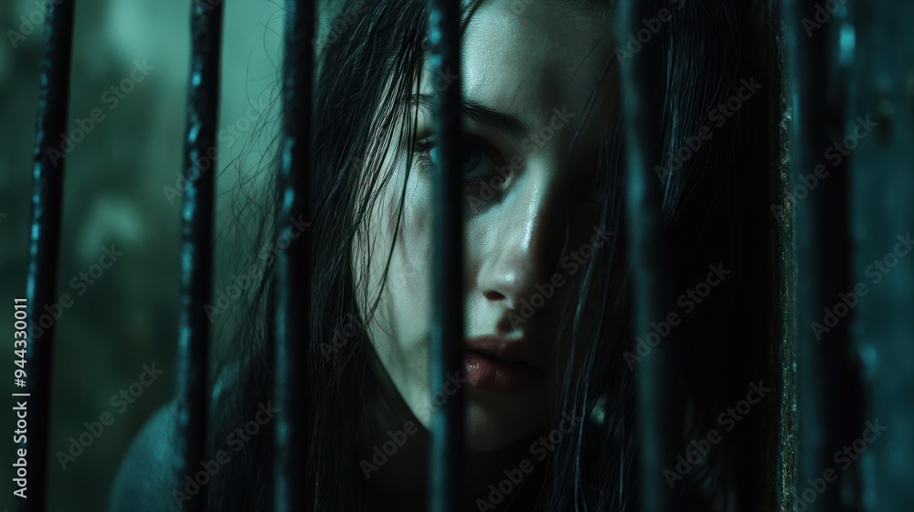 Sad girl was locked up in an old prison with iron bars. The metal cage ...